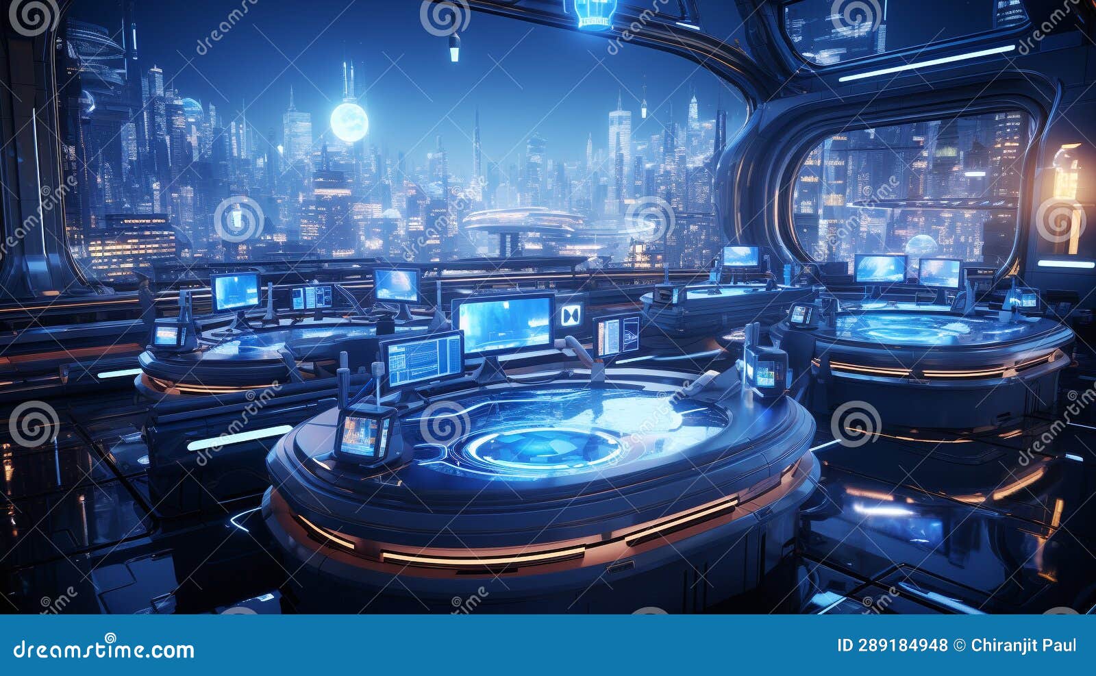 Futuristic Computer Lab with Bright Blue Lighting Stock Photo - Image ...