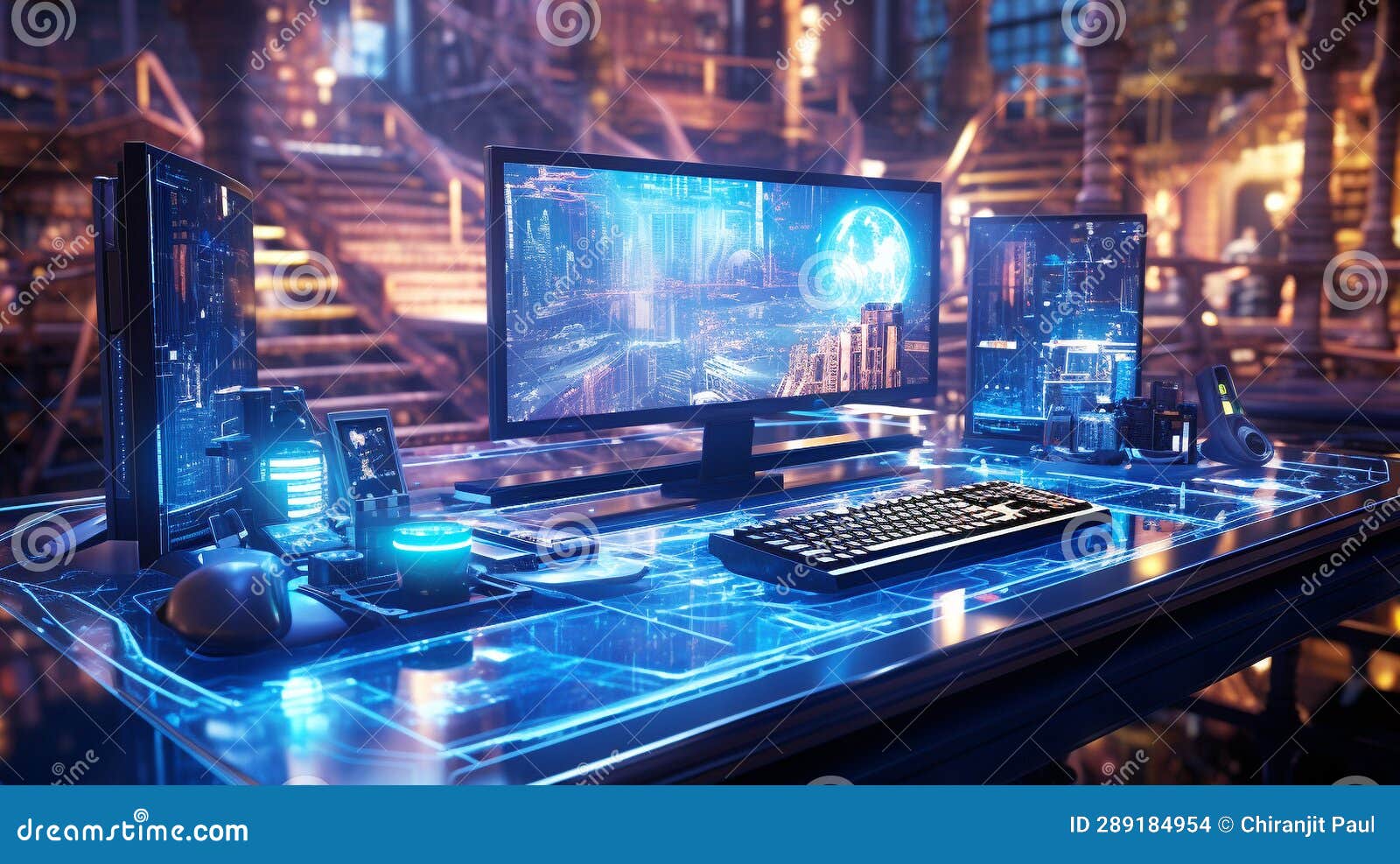 Futuristic Computer Lab with Bright Blue Lighting Stock Photo - Image ...