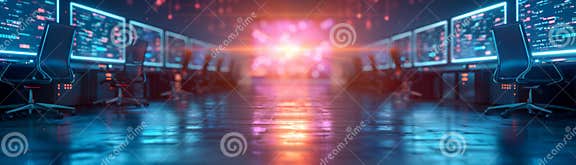 Futuristic Computer Lab with Glowing Screens Stock Illustration ...