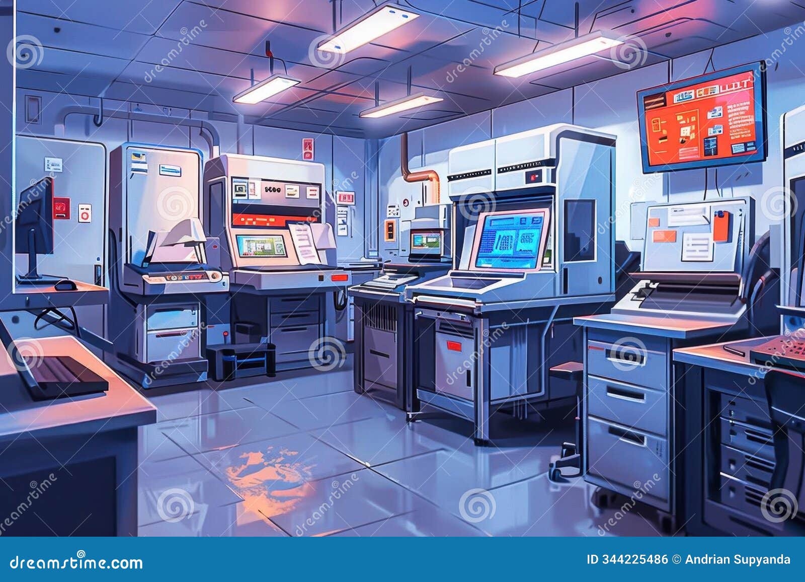 Futuristic Computer Lab Interior with Monitors and Desks Stock ...