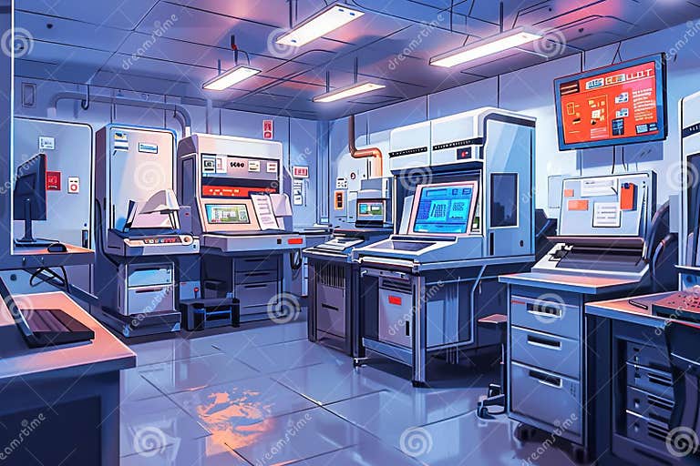 Futuristic Computer Lab Interior with Monitors and Desks Stock ...