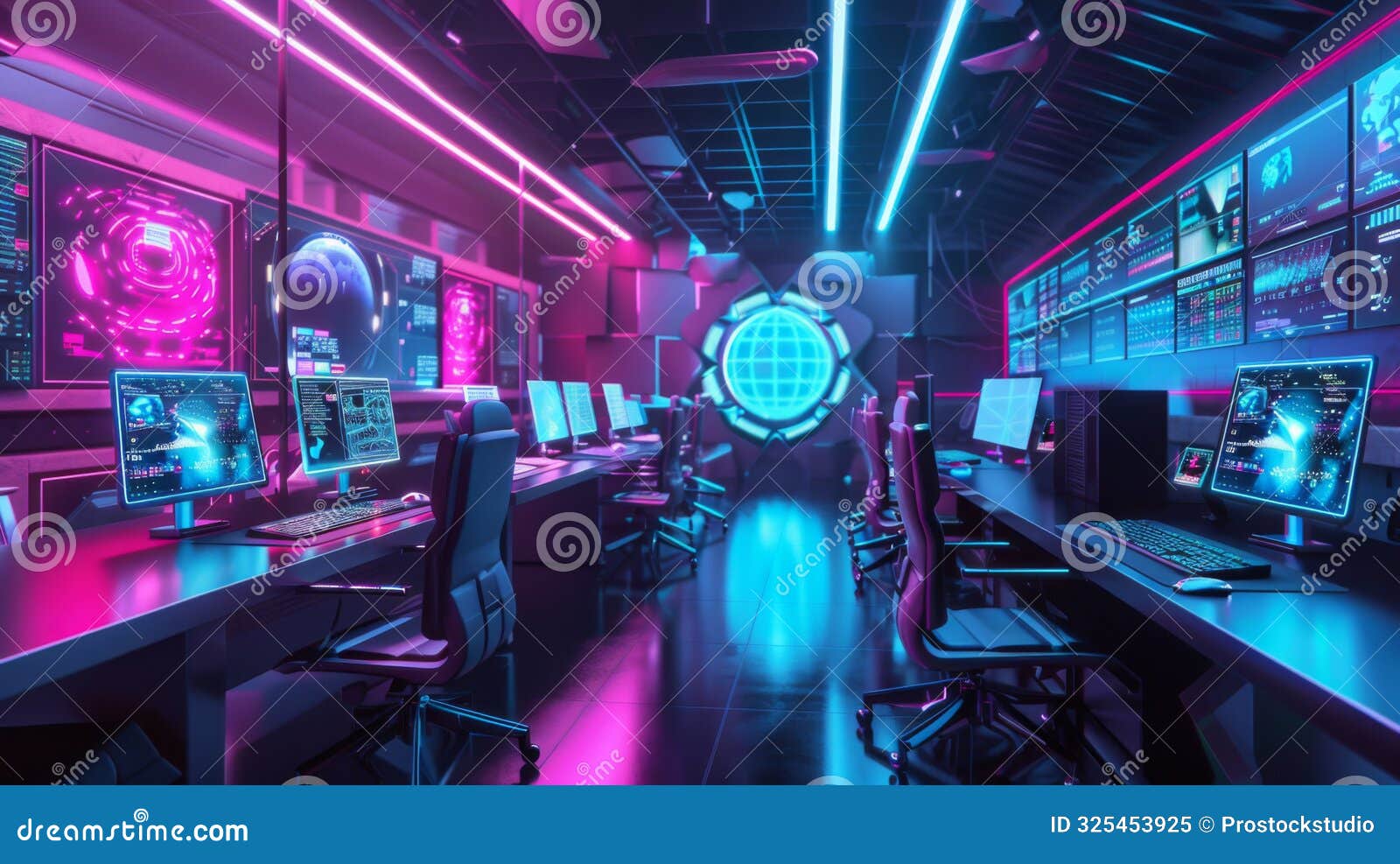 Futuristic Computer Lab with Neon Lights Stock Image - Image of chair ...