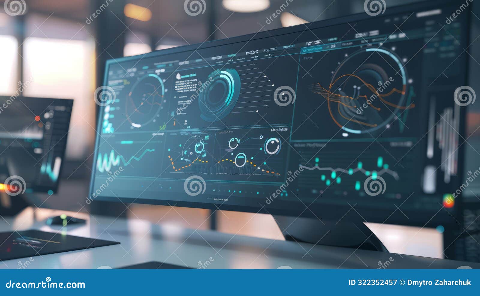A Futuristic Computer Monitor Displaying An Abstract Network Monitoring Dashboard With Swirling