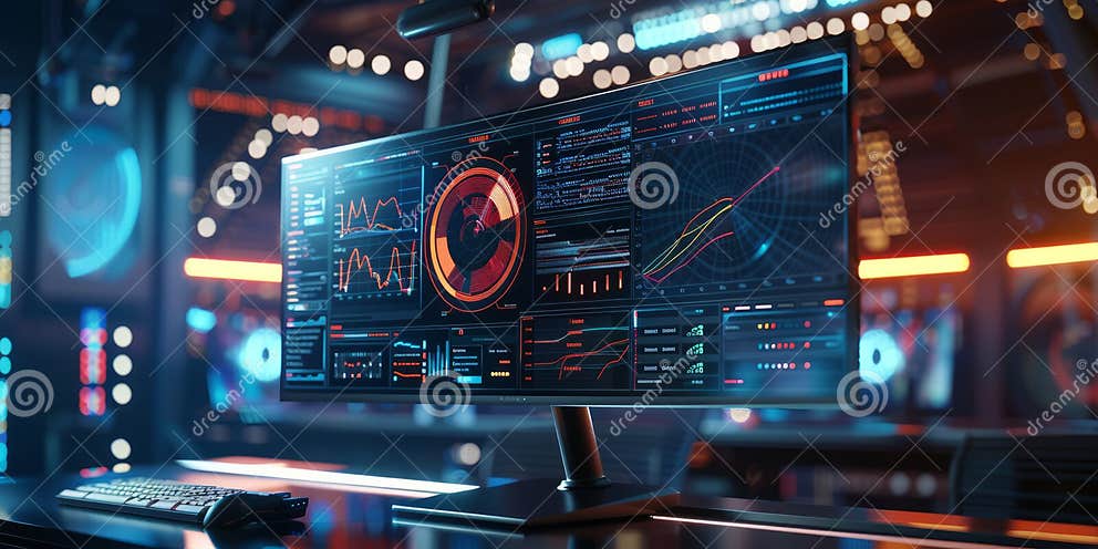 A Futuristic Computer Monitor Displaying An Abstract Network Monitoring Dashboard With Swirling