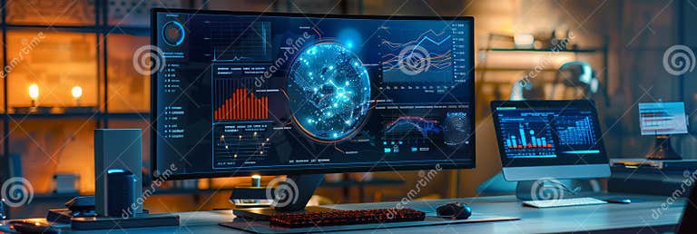 A Futuristic Computer Monitor Displaying An Abstract Network Monitoring Dashboard With Swirling