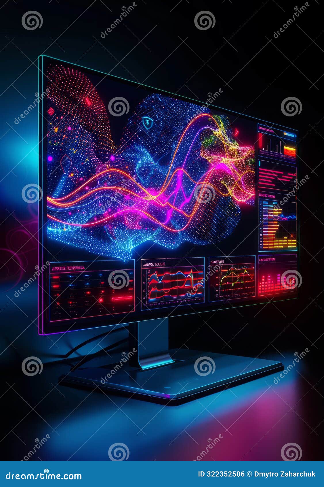 A Futuristic Computer Monitor Displaying an Abstract Network Monitoring Dashboard with Swirling ...