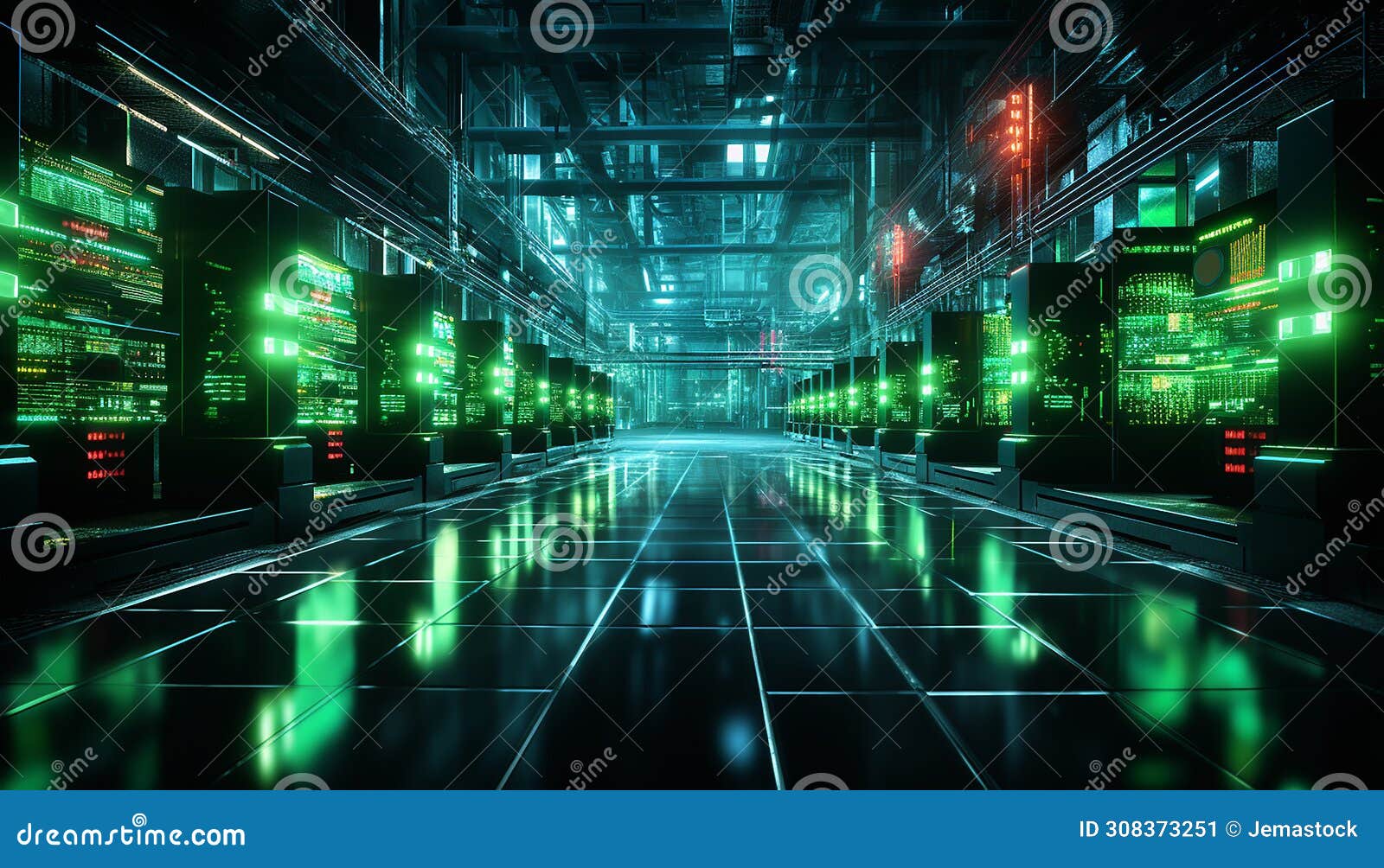 Futuristic Computer Network Illuminates Dark Warehouse with Glowing ...