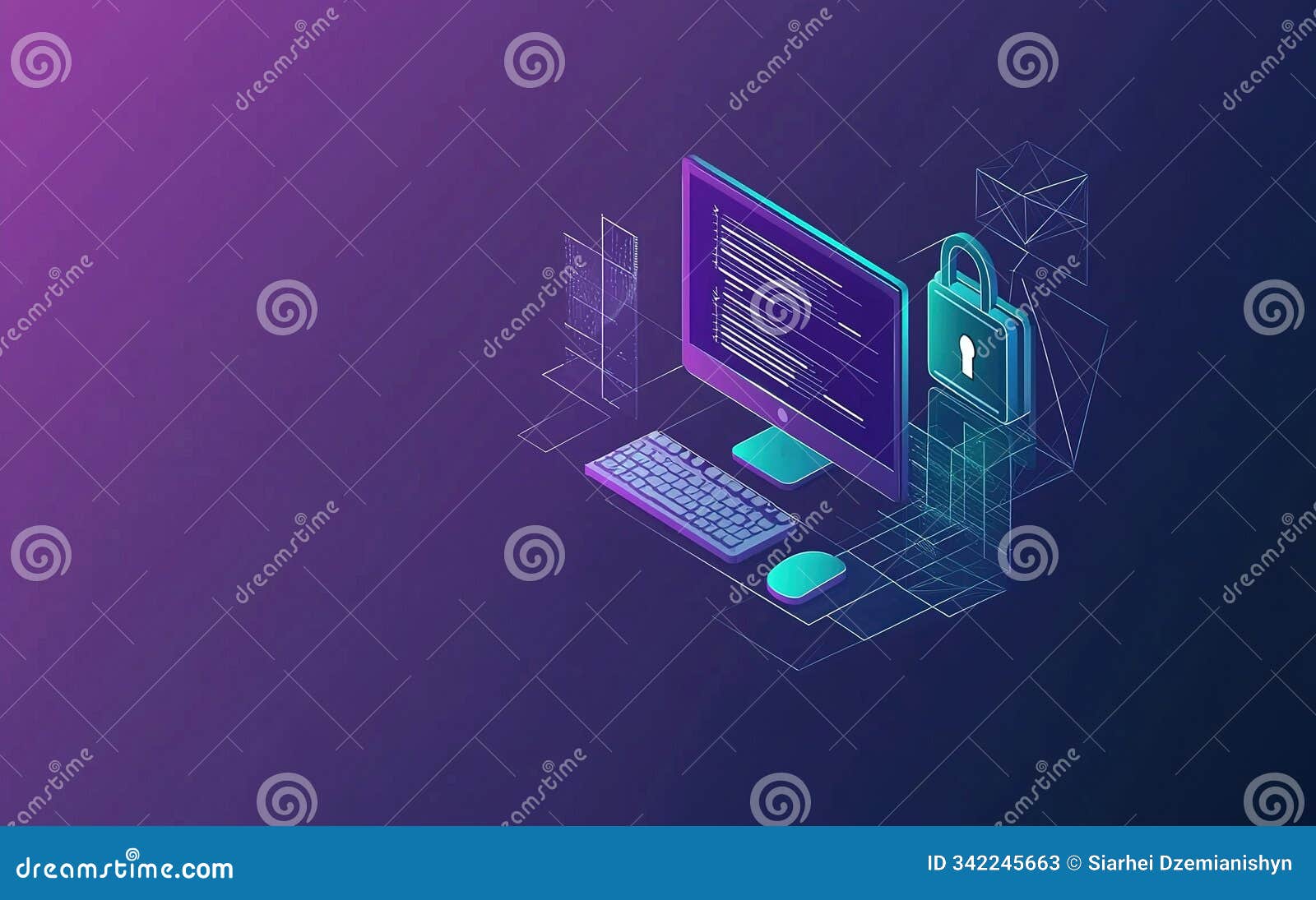 A Futuristic Computer Setup with Coding Elements and a Secure Lock Symbol Showcasing Digital ...