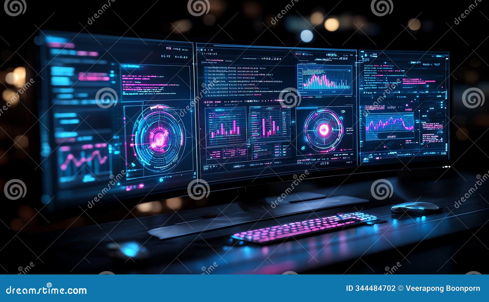 Futuristic Computer Setup With Multi-monitor Display And Vibrant Data Visualizations Stock Photo ...
