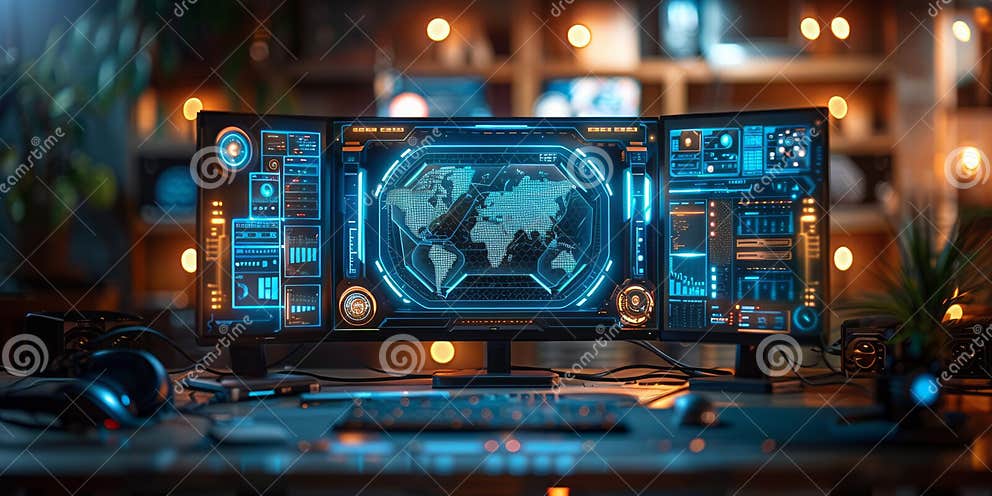 Futuristic Computer Setup With Multiple Monitors Displaying Digital Maps And Data Interfaces In