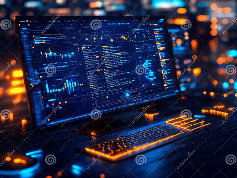 A Futuristic Computer Setup with Multiple Monitors, Glowing Blue Hue ...