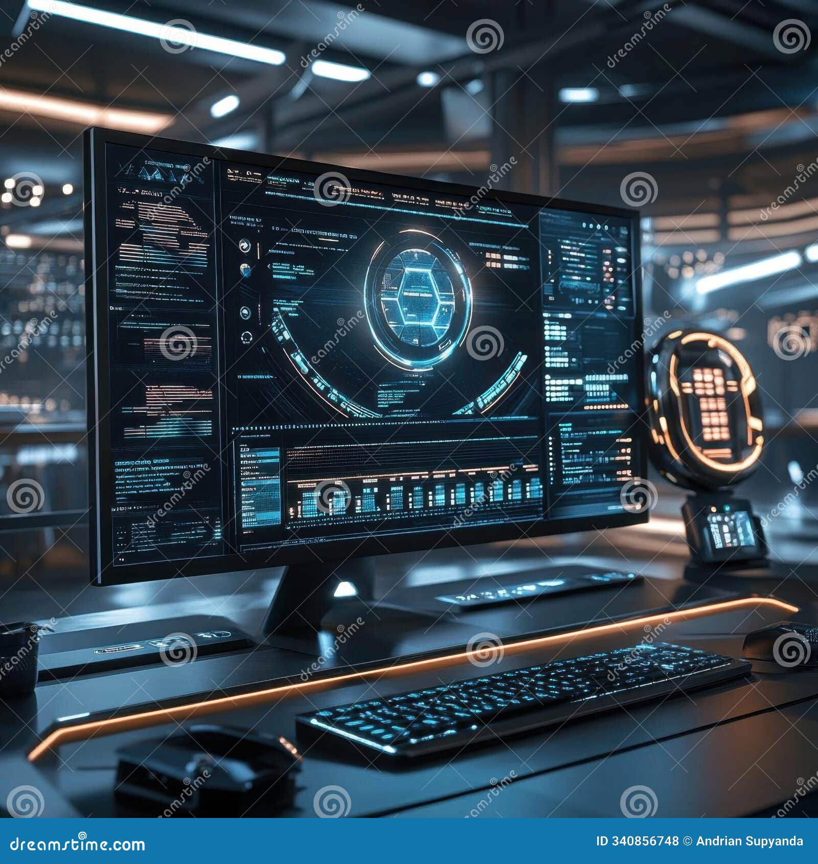 Futuristic Computer Workstation with Interface Design Stock ...