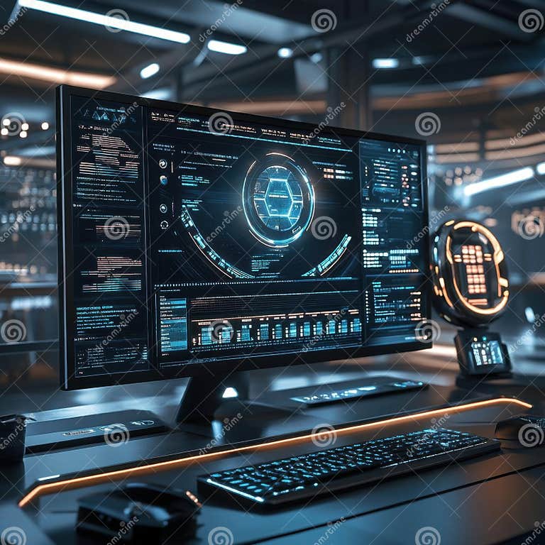 Futuristic Computer Workstation with Interface Design Stock Illustration - Illustration of ...