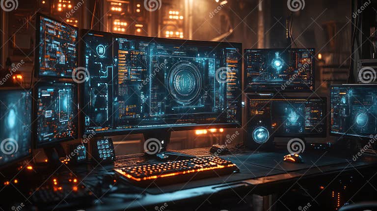 A Futuristic Computer Workstation with Multiple Monitors Displaying ...