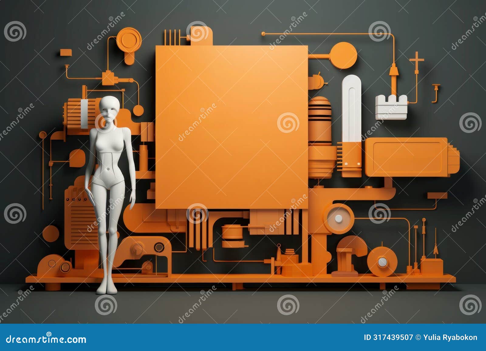 Futuristic Concept with Abstract Humanoid and Orange Elements Stock ...