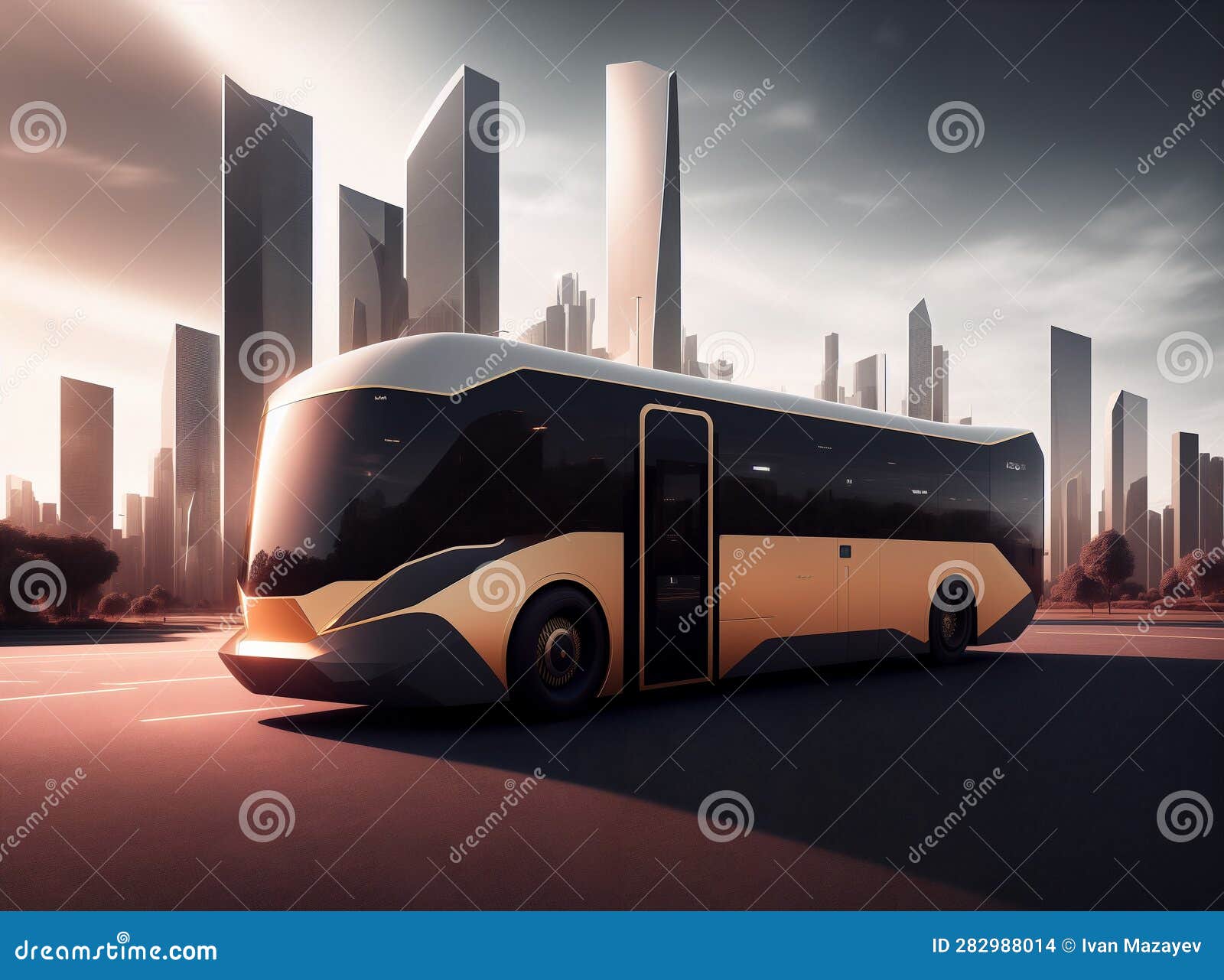 Futuristic Concept Self-Driving Bus. Day Urban Driveway, Ai Generated ...