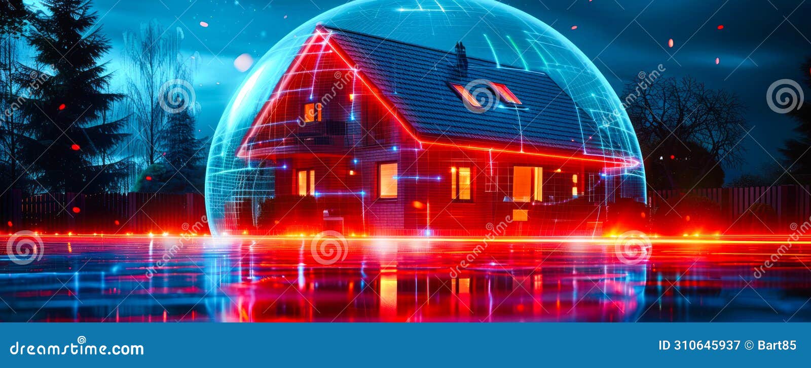 Futuristic Concept of a Home Secured by an Advanced Red Glowing Dome ...