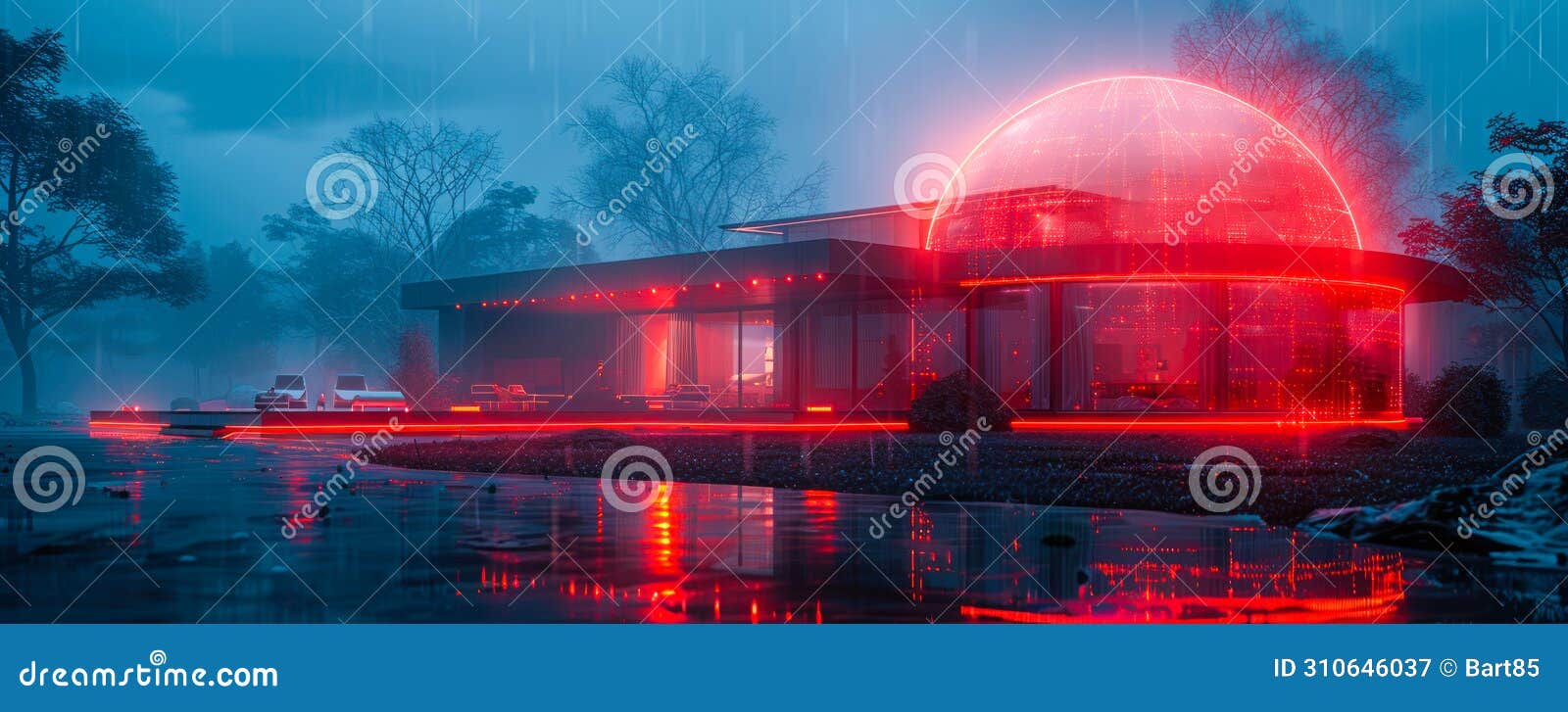 Futuristic Concept of a Home Secured by an Advanced Red Glowing Dome ...