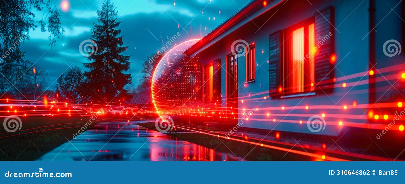 Futuristic Concept of a Home Secured by an Advanced Red Glowing Dome ...