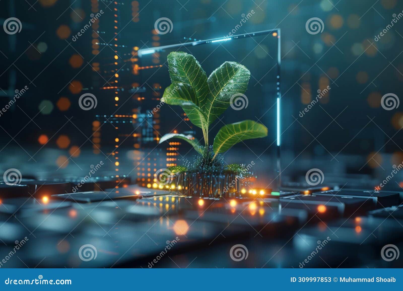 Futuristic Concept Plant Grows from Computer, Symbolizing Tech ...