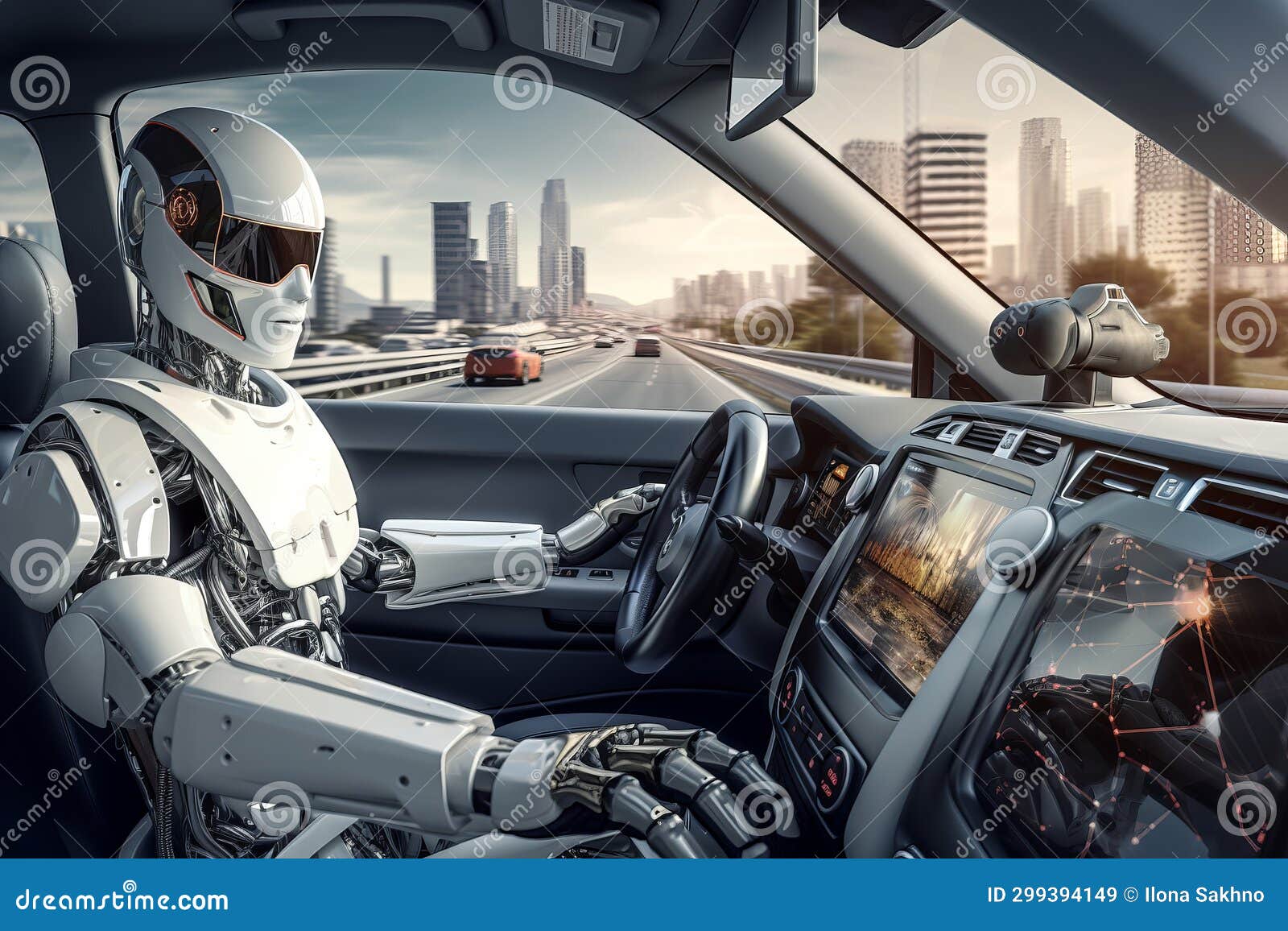 Futuristic Concept: Robot Driving Car Stock Illustration - Illustration ...