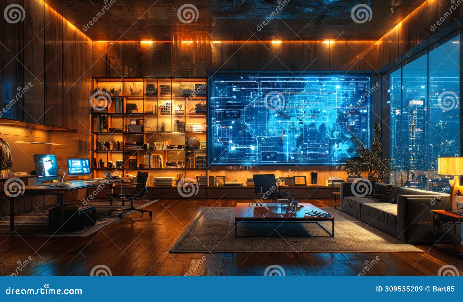 Futuristic Concept Room with Holographic Projection of Technical ... Futuristic Concept Room with Holographic Projection of Technical ...