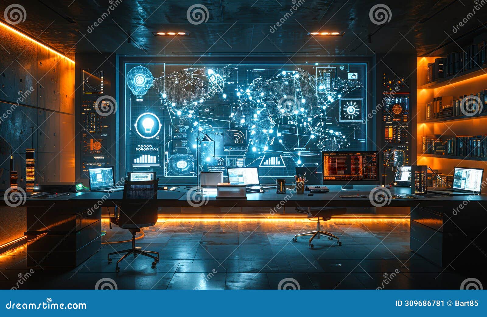 Futuristic Concept Room with Holographic Projection of Technical ... Futuristic Concept Room with Holographic Projection of Technical ...