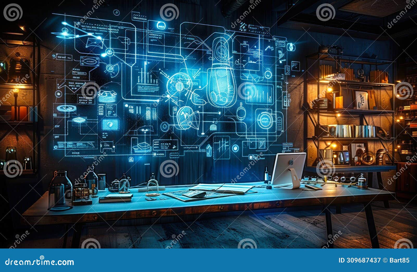 Futuristic Concept Room with Holographic Projection of Technical ... Futuristic Concept Room with Holographic Projection of Technical ...