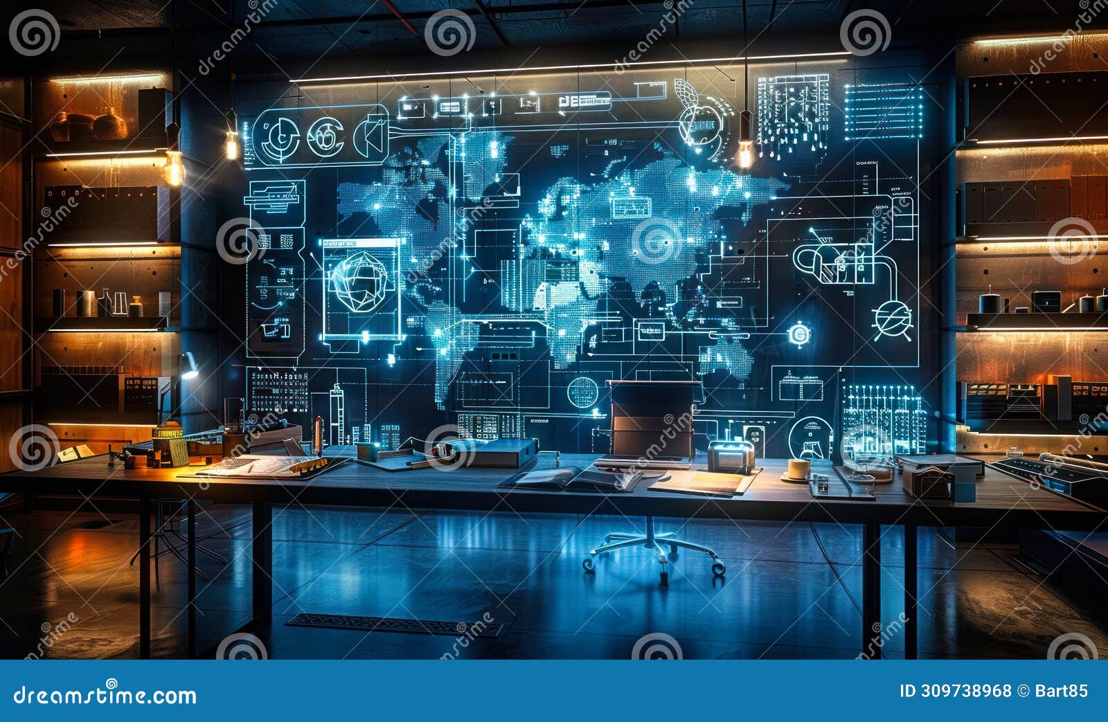 Futuristic Concept Room with Holographic Projection of Technical ...