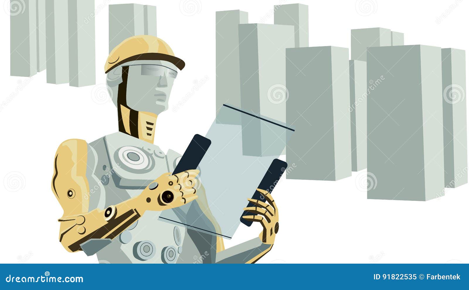 Robot Construction Worker, Robot With Yellow Hard Hat Holding Steel ...