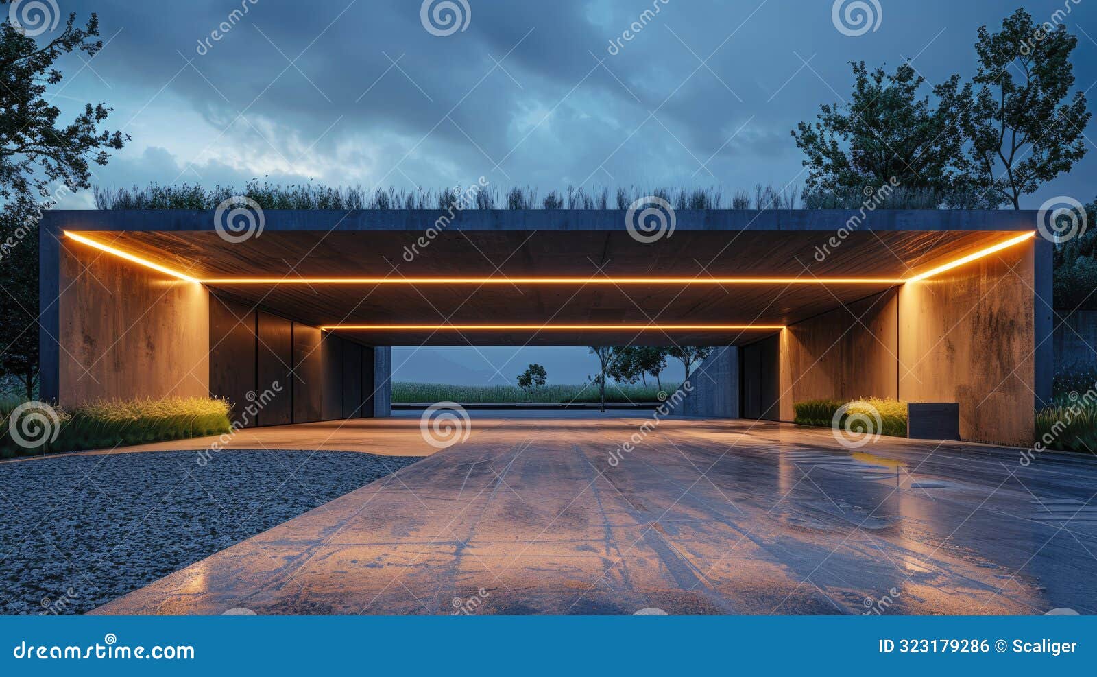 Futuristic Concrete Construction at Night, Abstract Modern Building ...