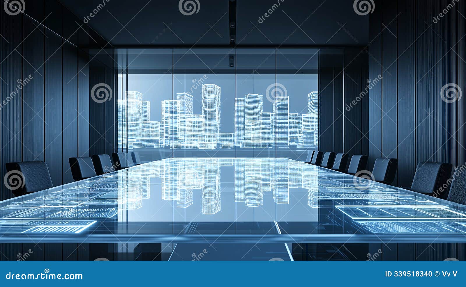 Futuristic Conference Room with Digital Skyline View Stock Illustration ...