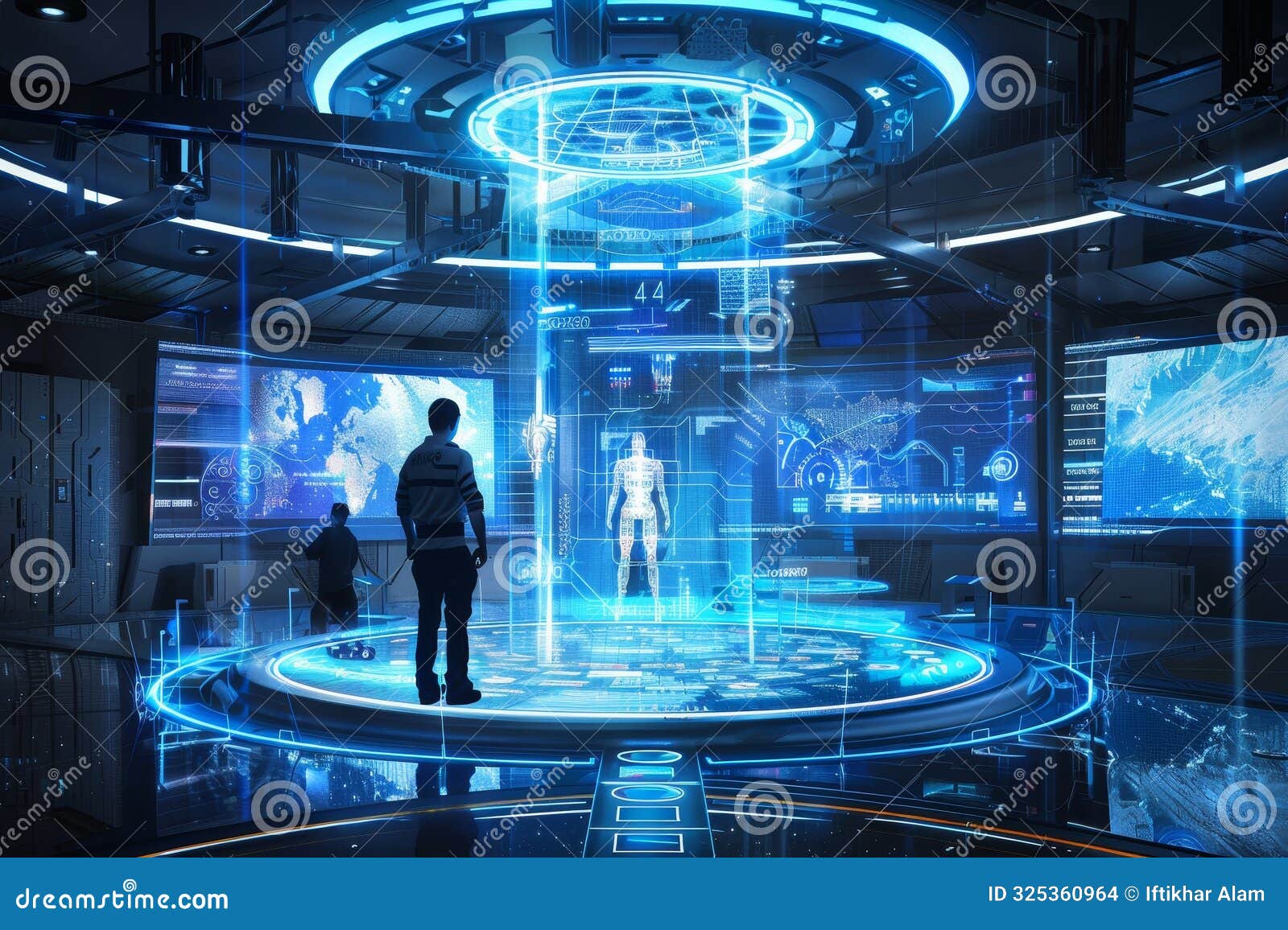 Futuristic Conference Room with Holographic Displays and World Map ...