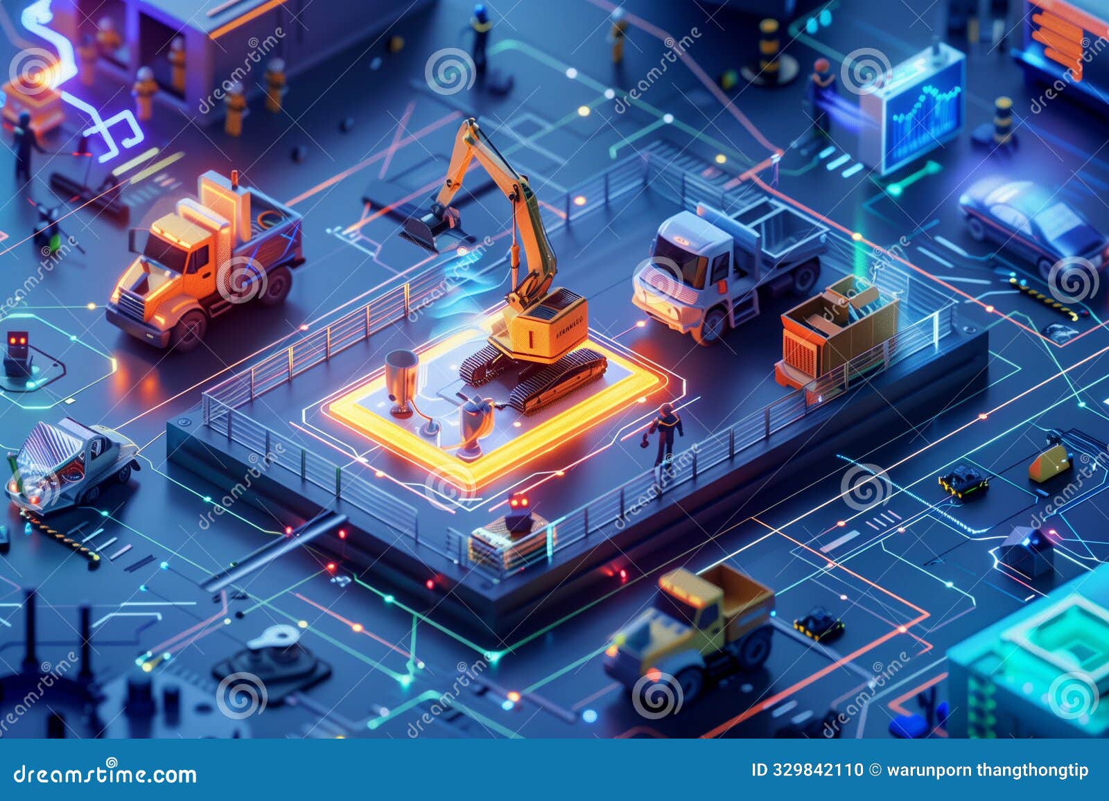 Futuristic Construction Site Group of Engineers Work on Holographic Schematic. Smart Buildings ...