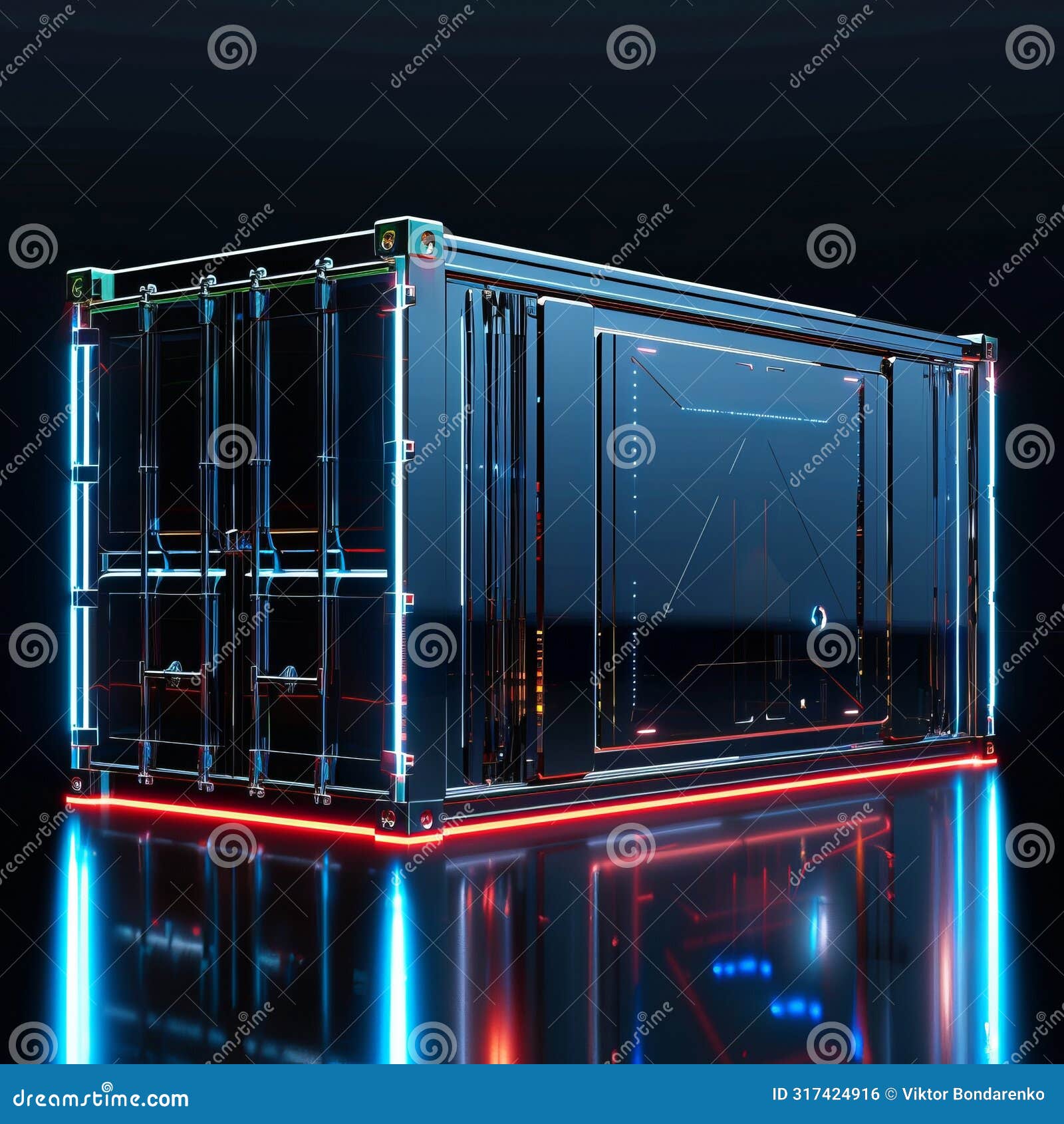 Futuristic Container on Glossy Reflective Water Surface Stock ...