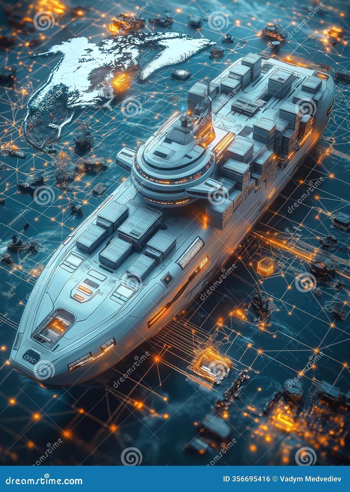 Futuristic Container Ship Floats Above Global Network. Advanced Tech ...