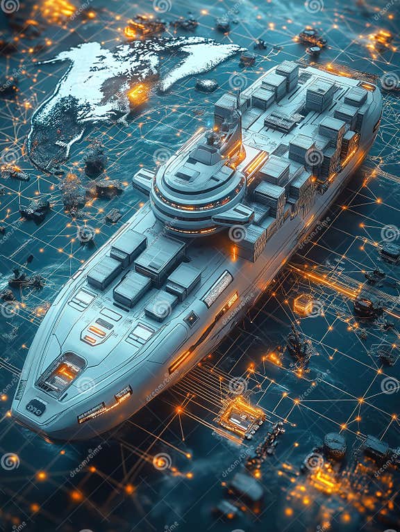 Futuristic Container Ship Floats Above Global Network. Advanced Tech ...