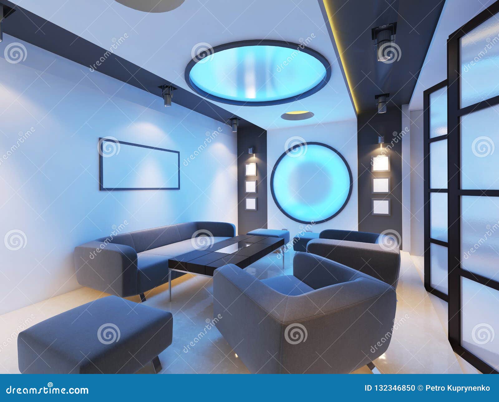 Futuristic Contemporary Interior Cafe in Acid Blue Colors Stock ...