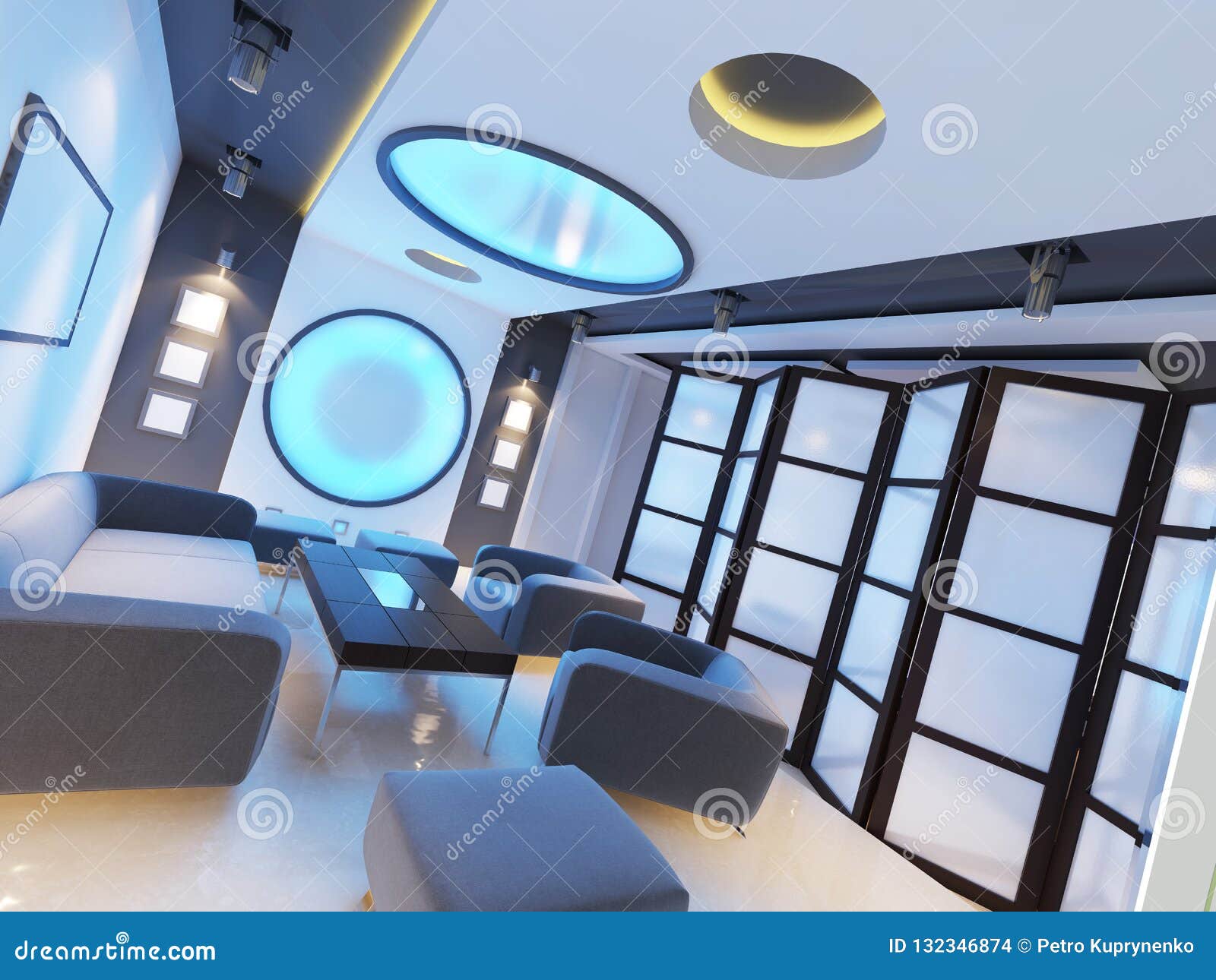 Futuristic Contemporary Interior Cafe in Acid Blue Colors Stock ...