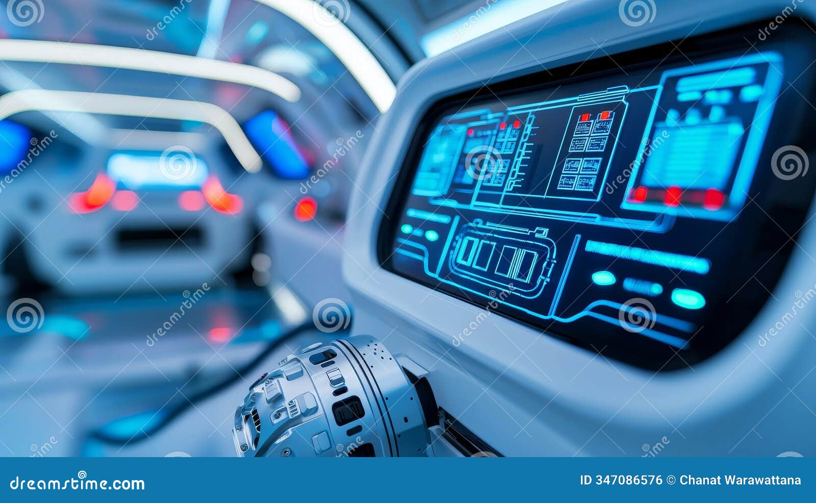 Futuristic Control Panel with Blue Glowing Buttons in a Modern ...