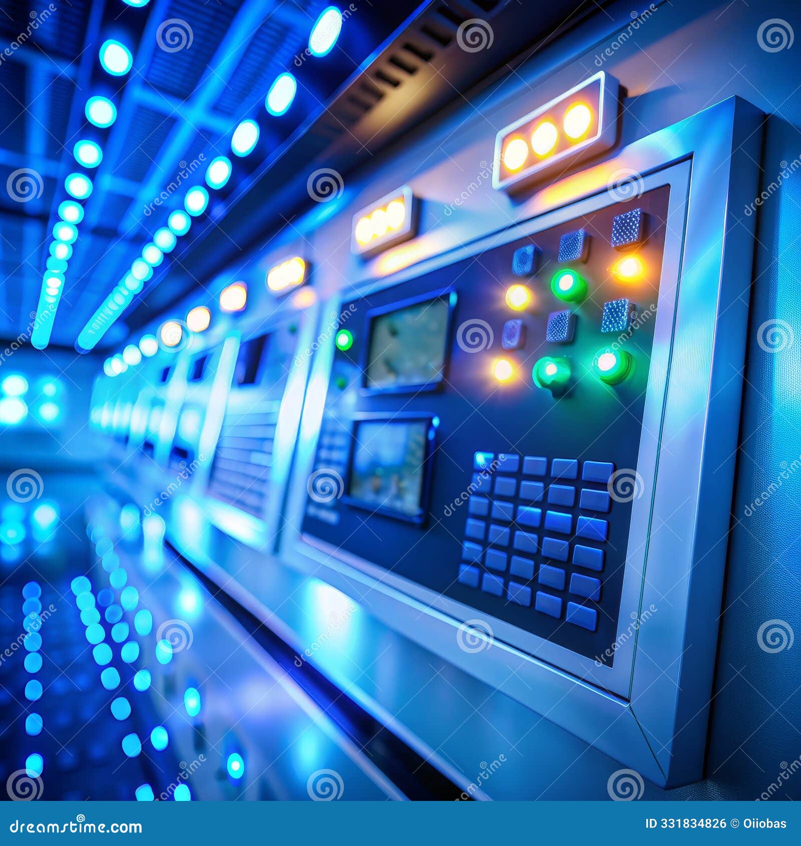Futuristic Control Panel with Blue Lighting and Digital Displays ...