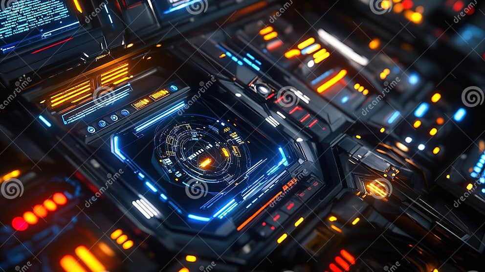 Futuristic Control Panel with Bright Displays and Intricate Circuitry ...