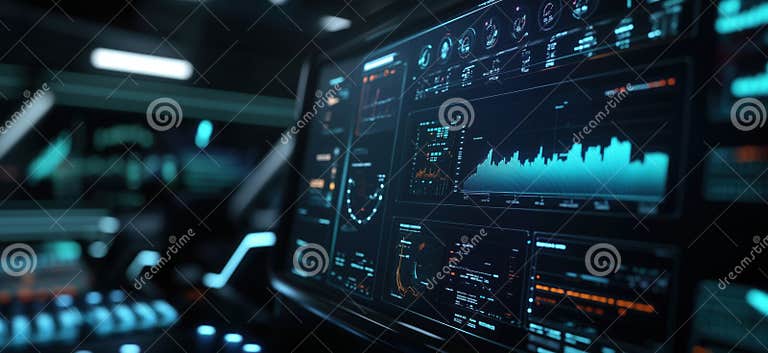 Futuristic Control Panel Displaying Advanced Data Analytics and Visualizations, Featuring Graphs ...