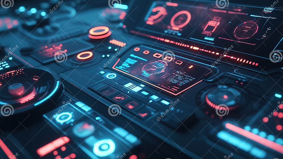 Futuristic Control Panel with Glowing Interfaces and Buttons in a Dimly ...