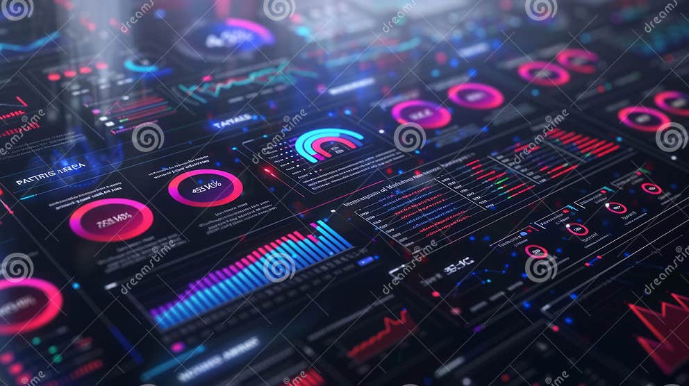 Futuristic Control Panel with Glowing Neon Indicators, Dials, Graphs, and Digital Information ...