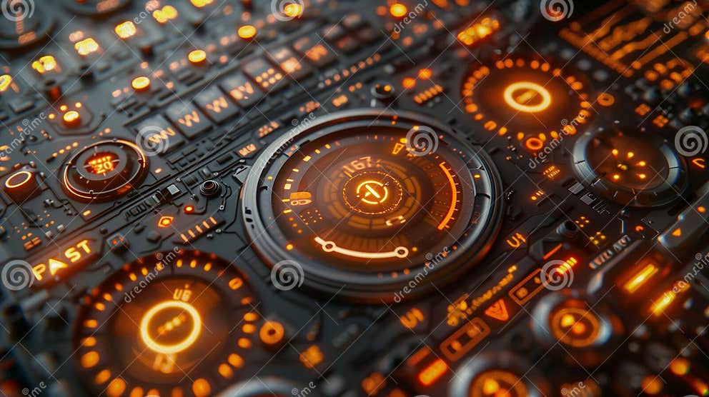 Futuristic Control Panel with Glowing Orange Interfaces Stock ...
