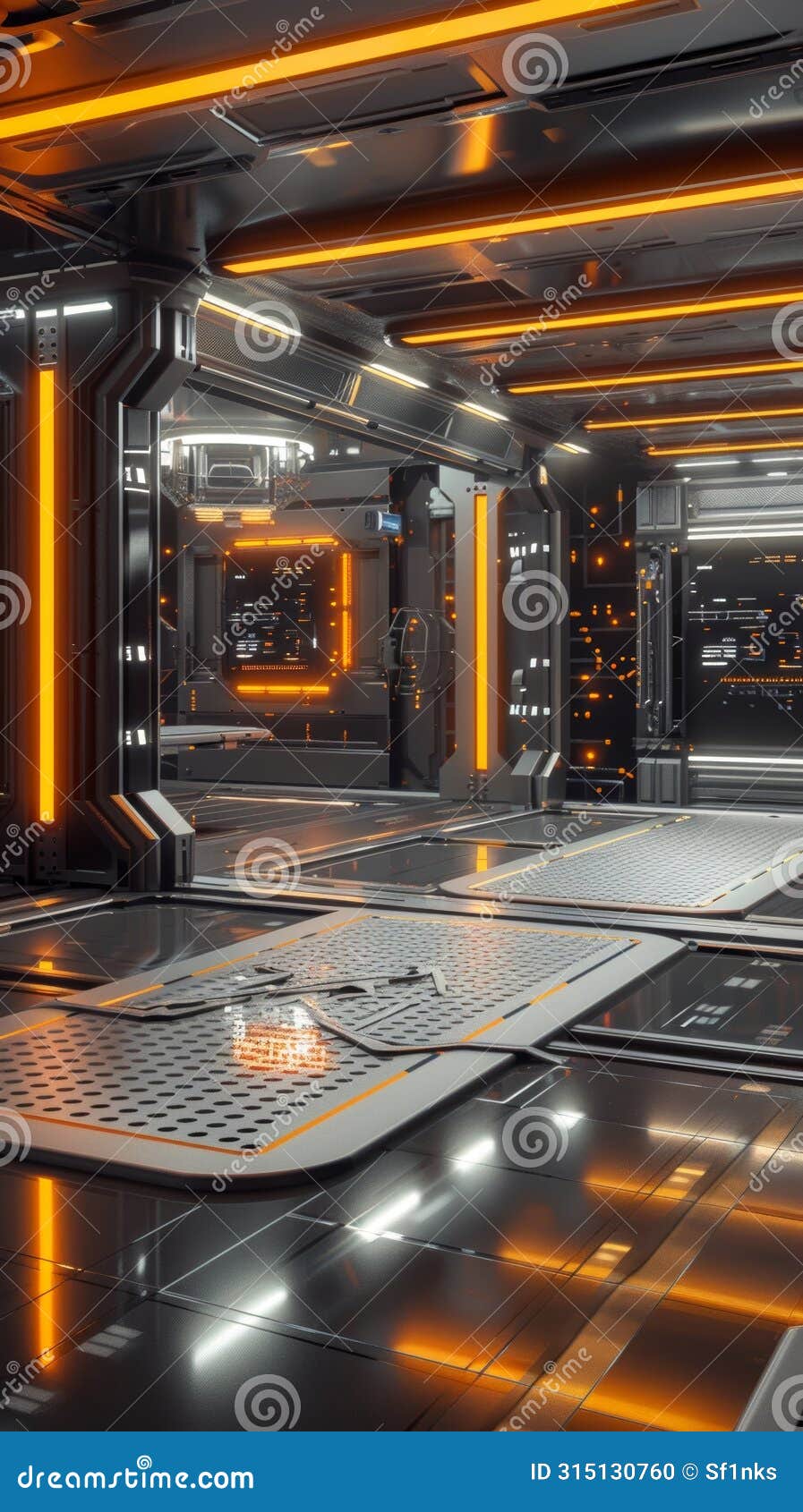A Futuristic Control Room with Advanced Panels and Orange Neon ...