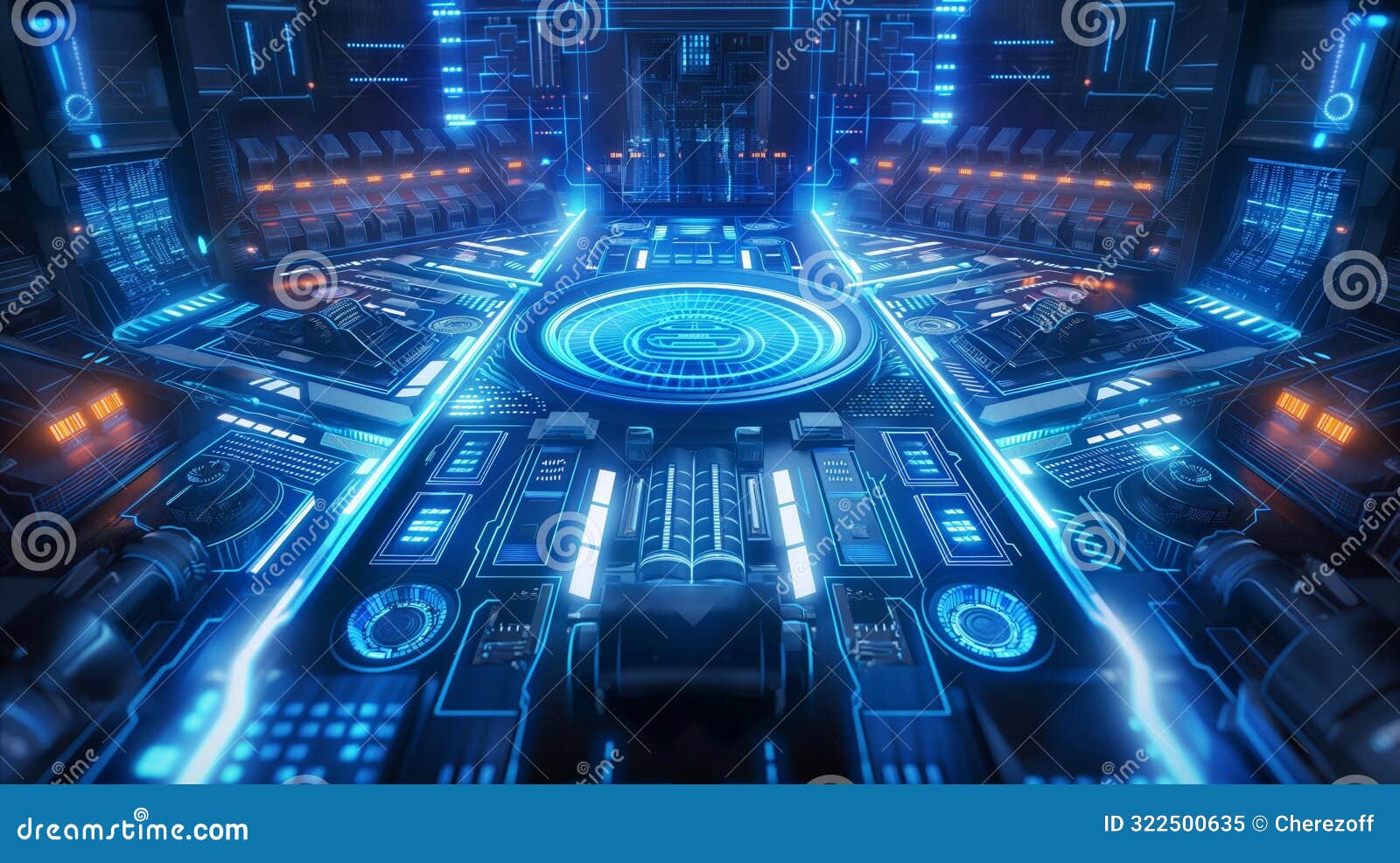 Futuristic Control Room with Blue Neon Lights Stock Image - Image of ...