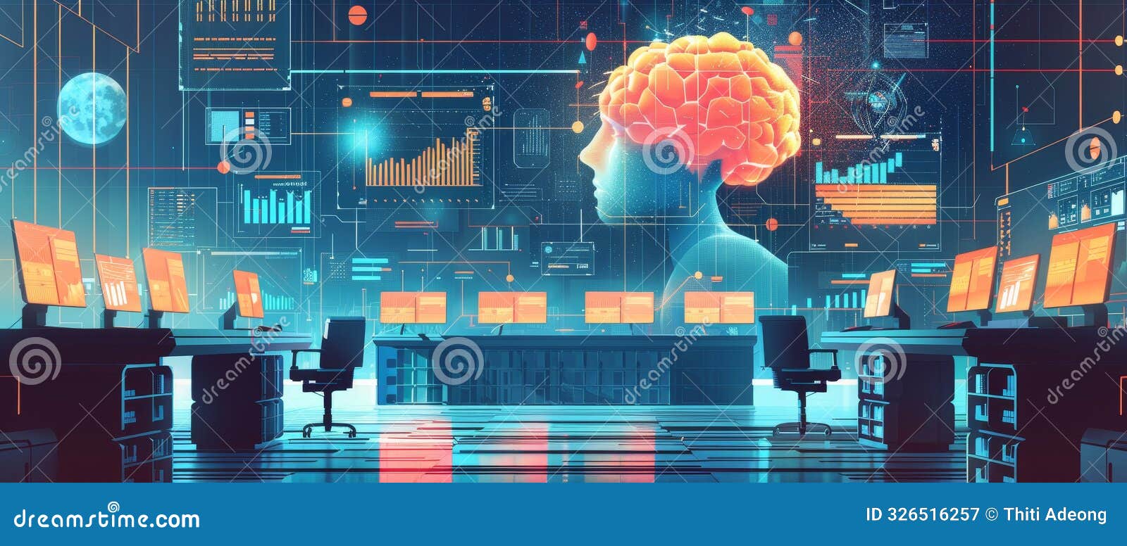 Futuristic Control Room with Brain Hologram, Data Graphics, and ...