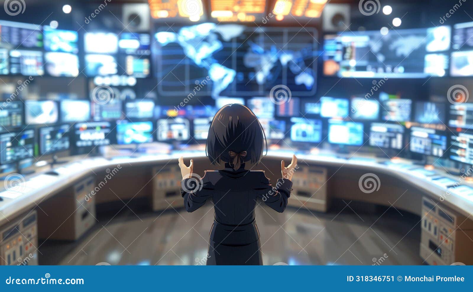 Futuristic Control Room with a Central Character Managing Advanced ...